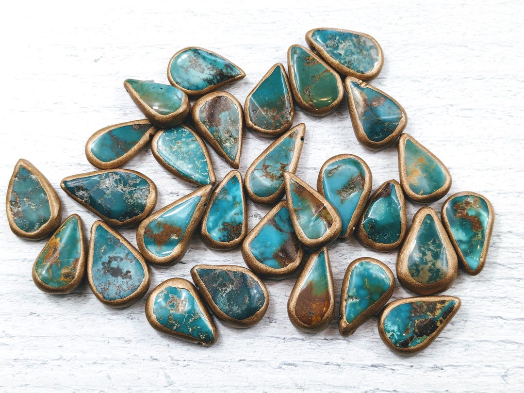 ONE BEAD Genuine Turquoise With Gold Edging Teardrop Bead, Southwestern ...