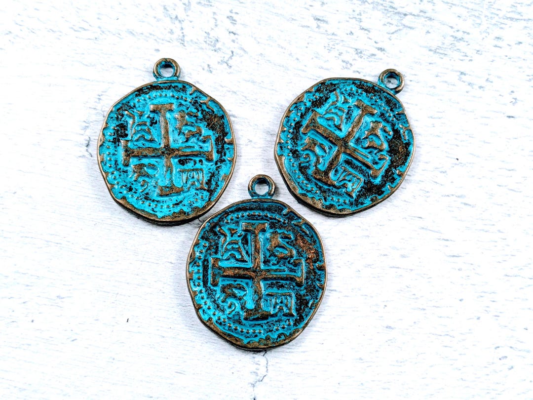 Antique Brass Dark Patina Blue Roman Coin Cross Double Sided Charm ...