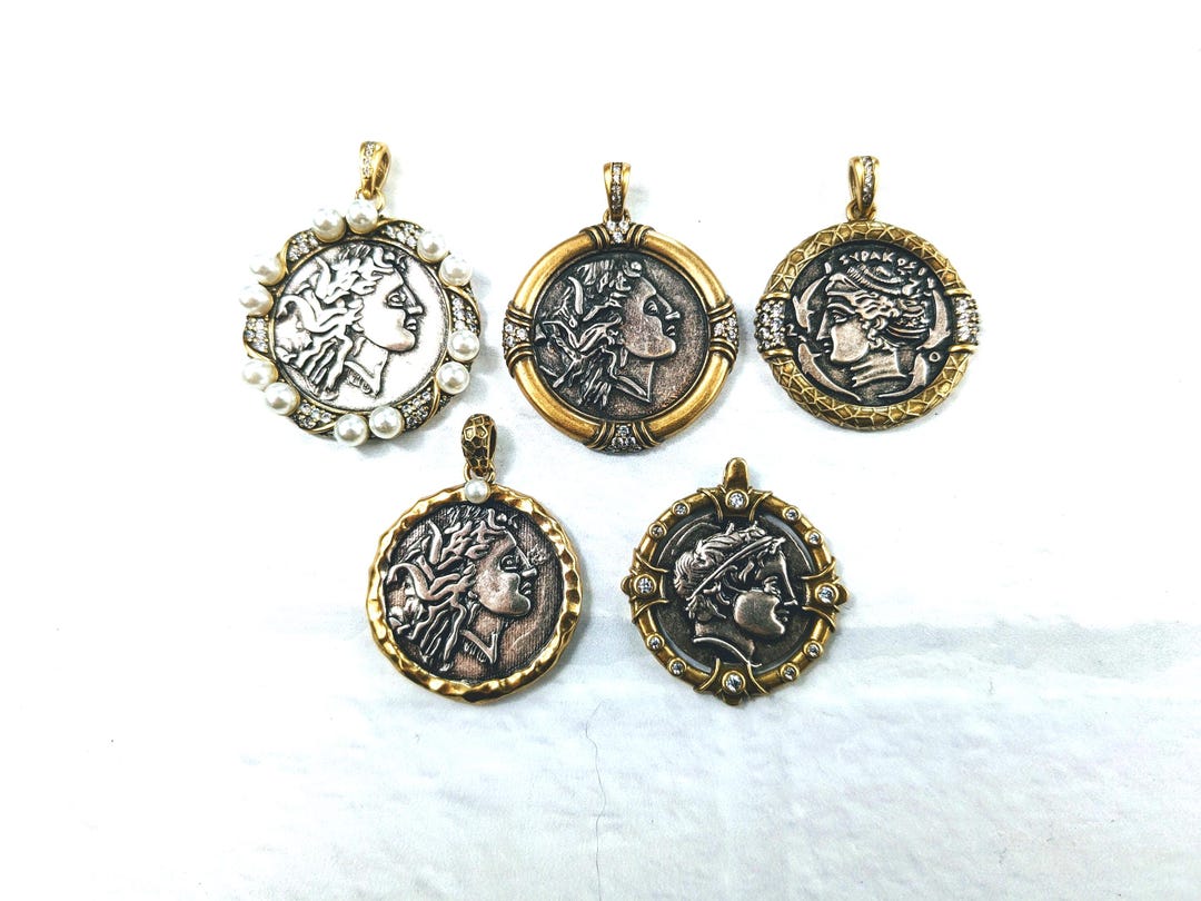 Brass With Pearl or Rhinestone Replica Greek Goddess Coin Charms, 1pc ...