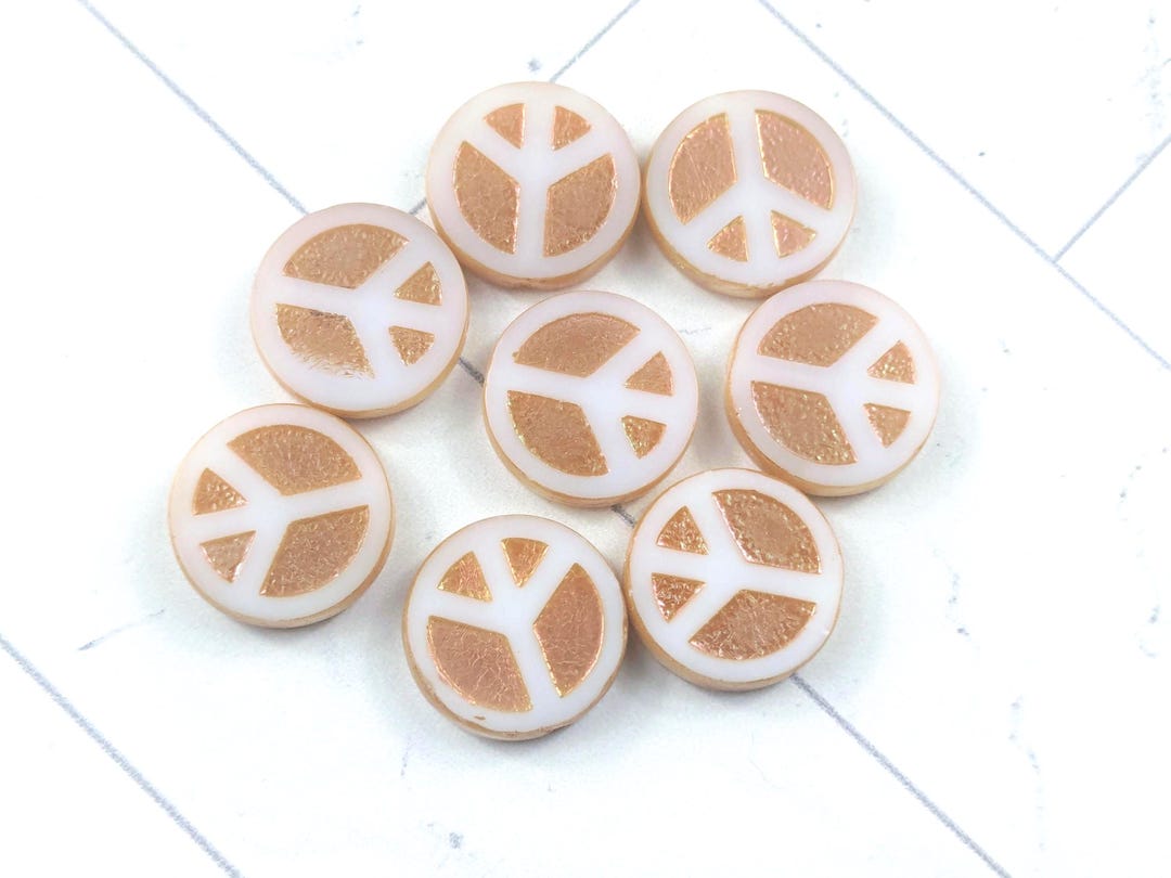 8pcs. Czech Glass Table Cut Peace Sign Beads, White Opal With Pink Wash ...