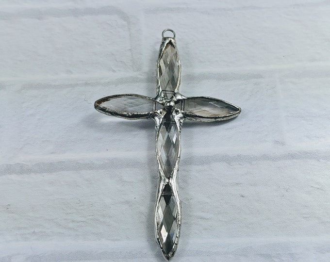 Soldered Long Faceted Light Grey Crystal Cross Pendant, Silver Solder ...