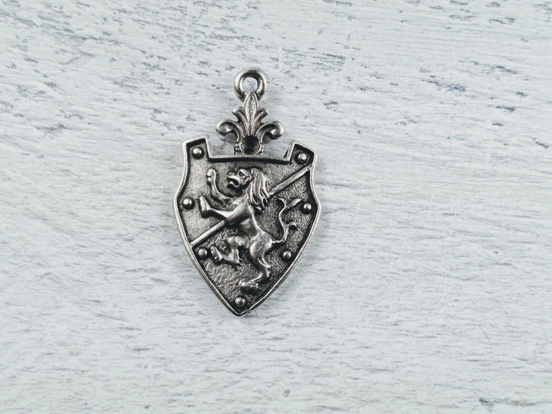 Antique Silver Ox Plated Lion Shield Charm, Lioness, Emblem, Coat of ...