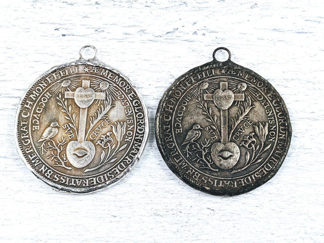 Hand Soldered Sacred Heart Cross Replica Coin Pendant, 1pc, 38x45mm ...