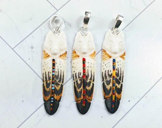 Hand Carved and Painted Water Buffalo Bone Wolf Head With Feather ...