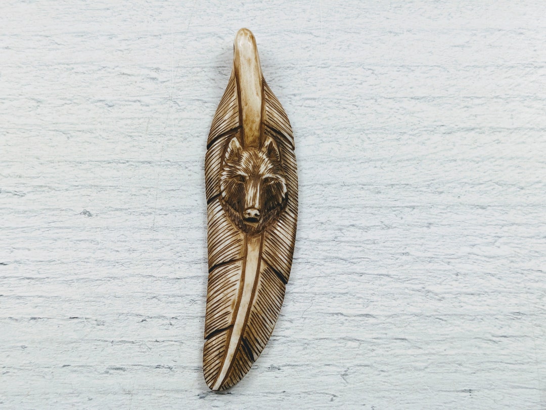 Hand Carved Dark Antiqued Water Buffalo Bone Wolf Feather Pendant ...