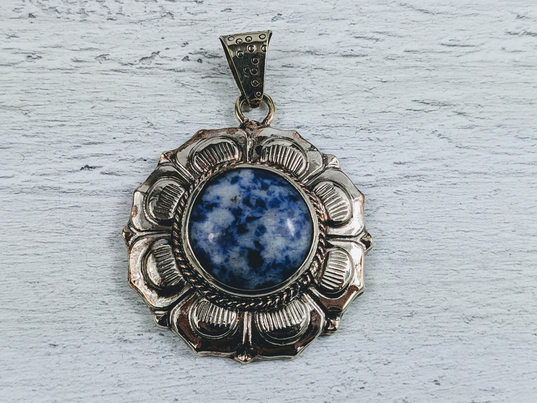 Tibetan Silver and Gemstone Lotus Flower Pendant, Sodalite, Flower ...