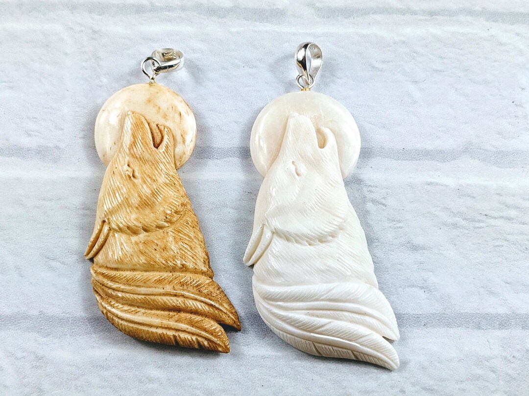 Hand Carved Natural or Antiqued Buffalo Bone Howling at the Moon Wolf ...