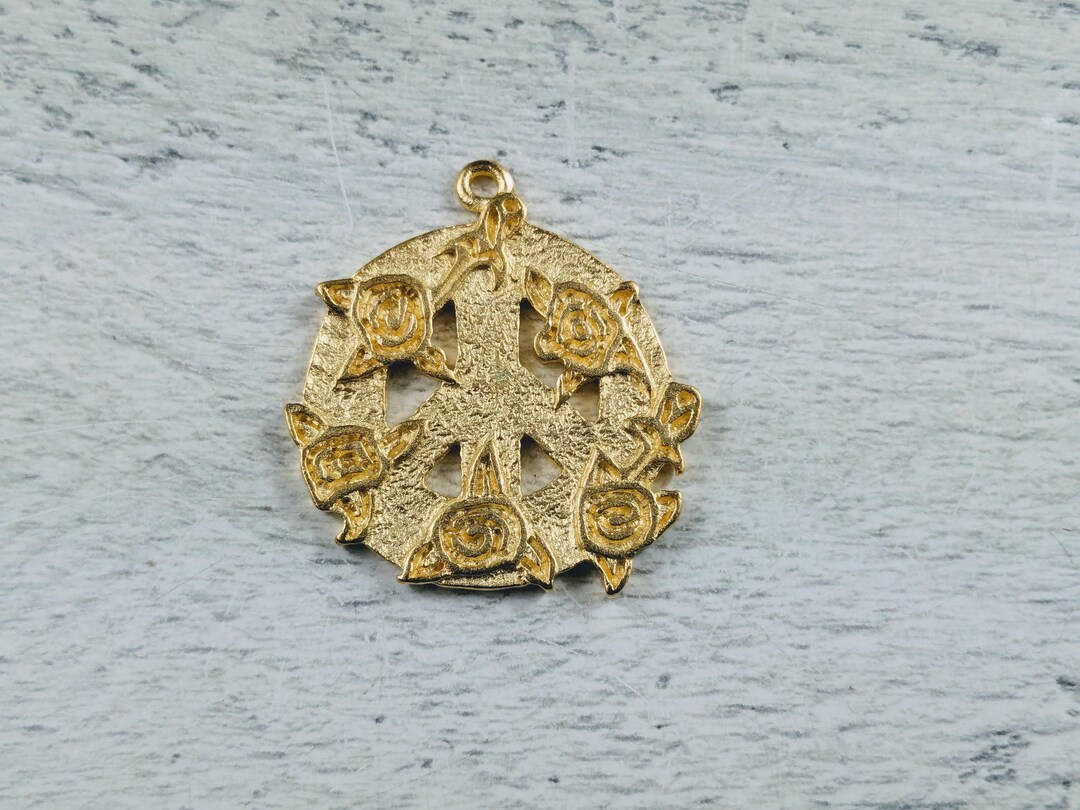 Matte Gold Plated Peace Sign With Roses Pendant, Charm, 1pc, 32x27mm ...