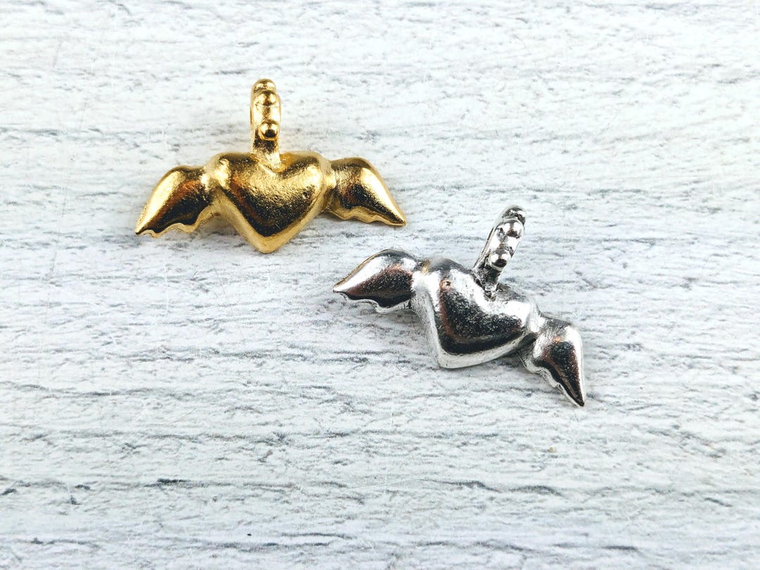 Antique Silver or Matte Gold Winged Heart Charms, 1pc. Flying Heart ...