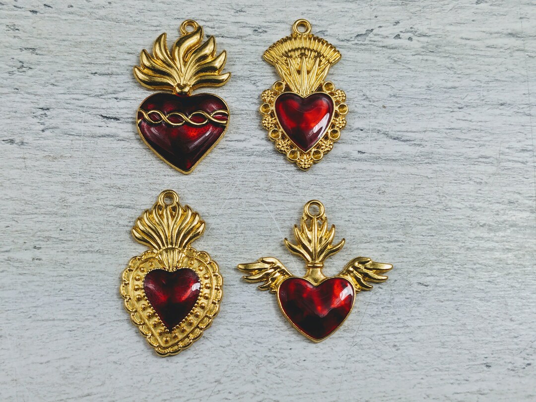 Gold Plated With Red Epoxy Sacred Heart Charms, 2pcs. Spiritual, Love ...