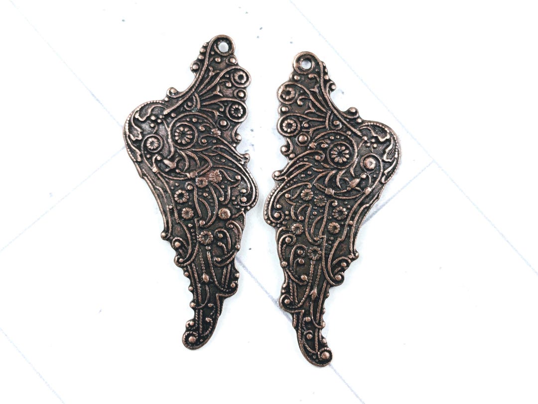 Antique Copper Ox Large Ornate Textured Design Wing Pendants, Fairy ...