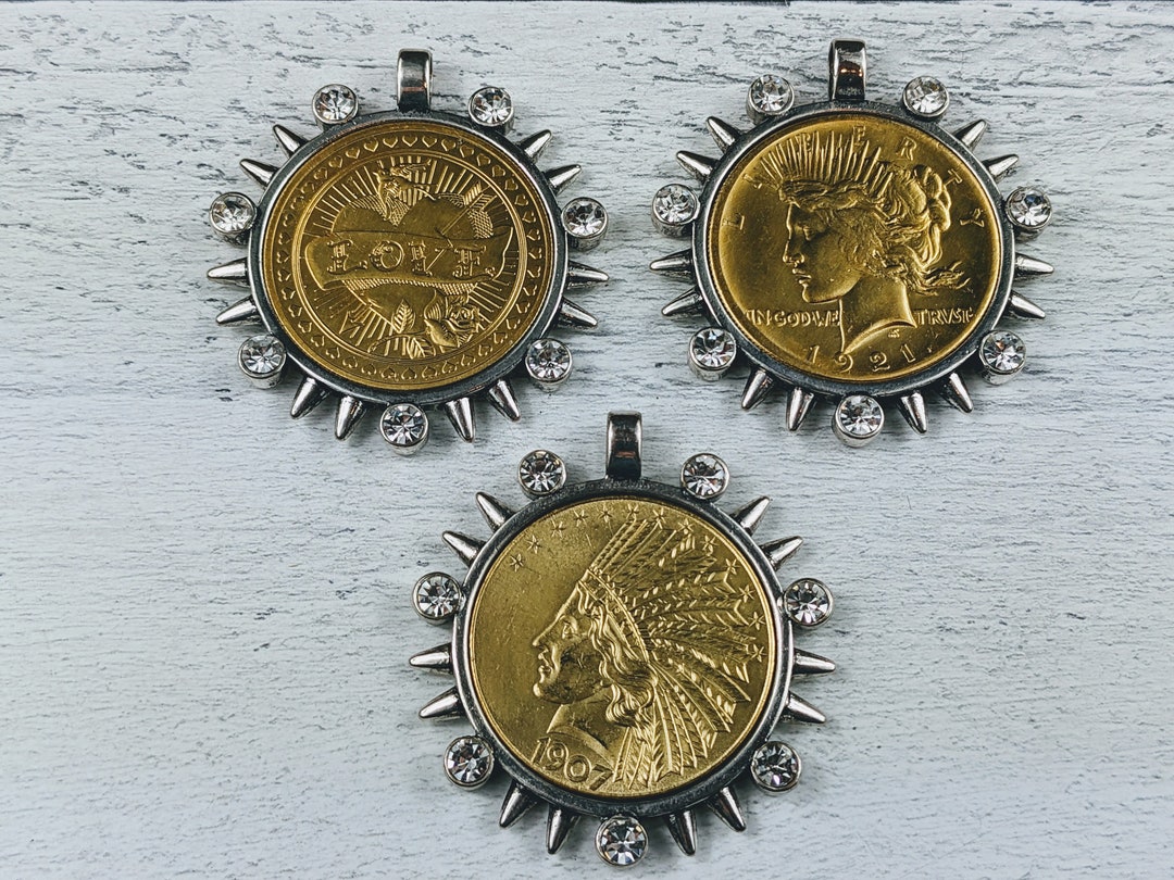 Antique Silver and Crystal Rhinestone Native, Lady Liberty or Love Gold ...