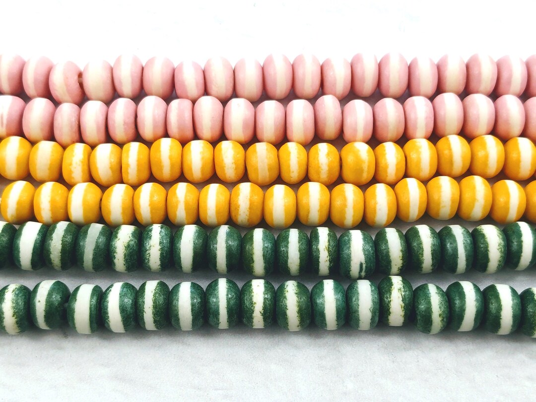 Hand Carved Striped Water Buffalo Bone Beads, Pink, Yellow or Green, 1 ...