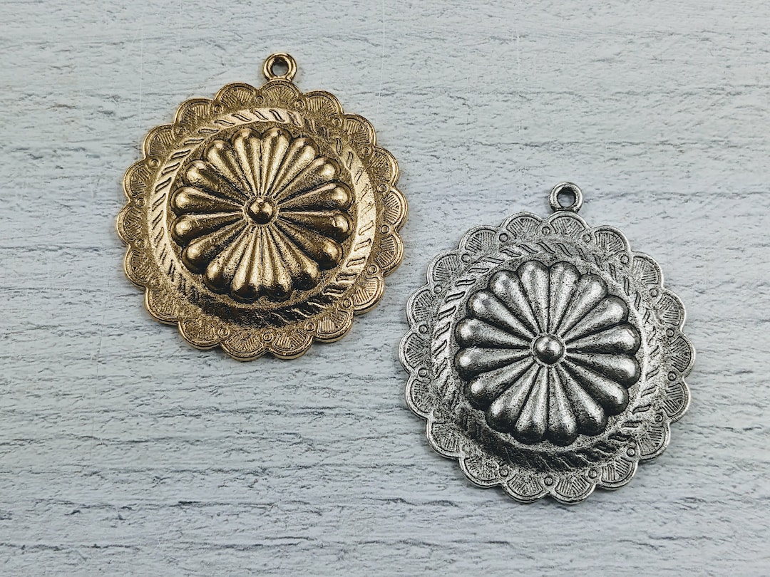 Large Antique Silver or Antique Gold Concho Pendant, Flower, Western ...