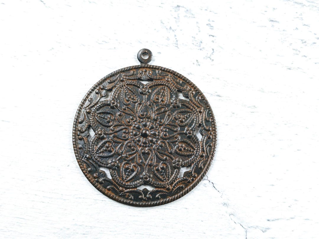 Rustic Brown Filigree Flower Round Pendant, Floral, 35mm - Etsy