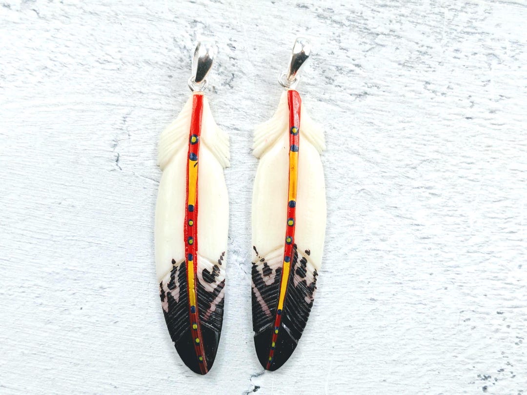 Hand Carved and Painted Water Buffalo Bone Feather Pendant, 1pc ...