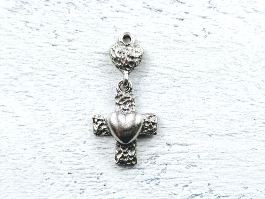 Antique Silver Ox Plated Double Heart Hammered Cross Dangle Charm ...