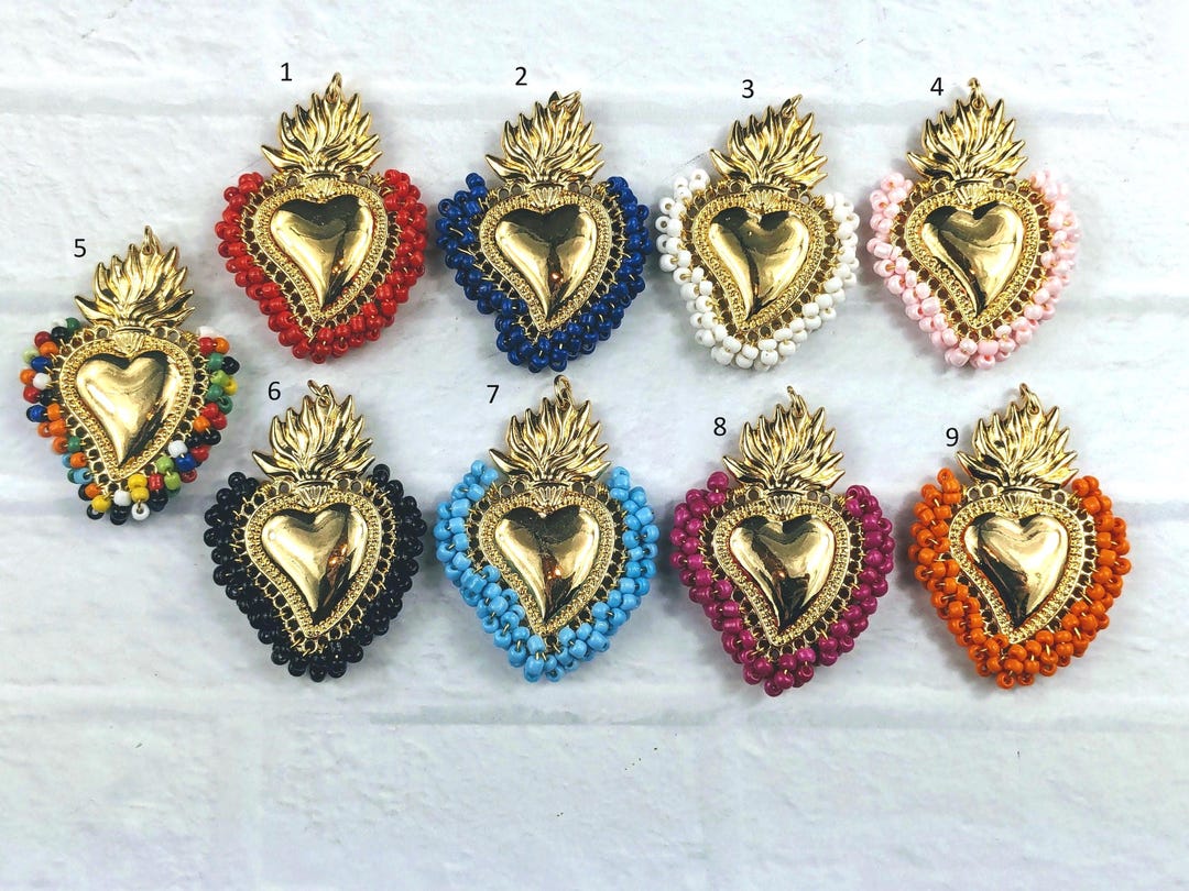 Gold Plated Sacred Heart Wrapped Beaded Charms, Pendants, Mixed Colors ...
