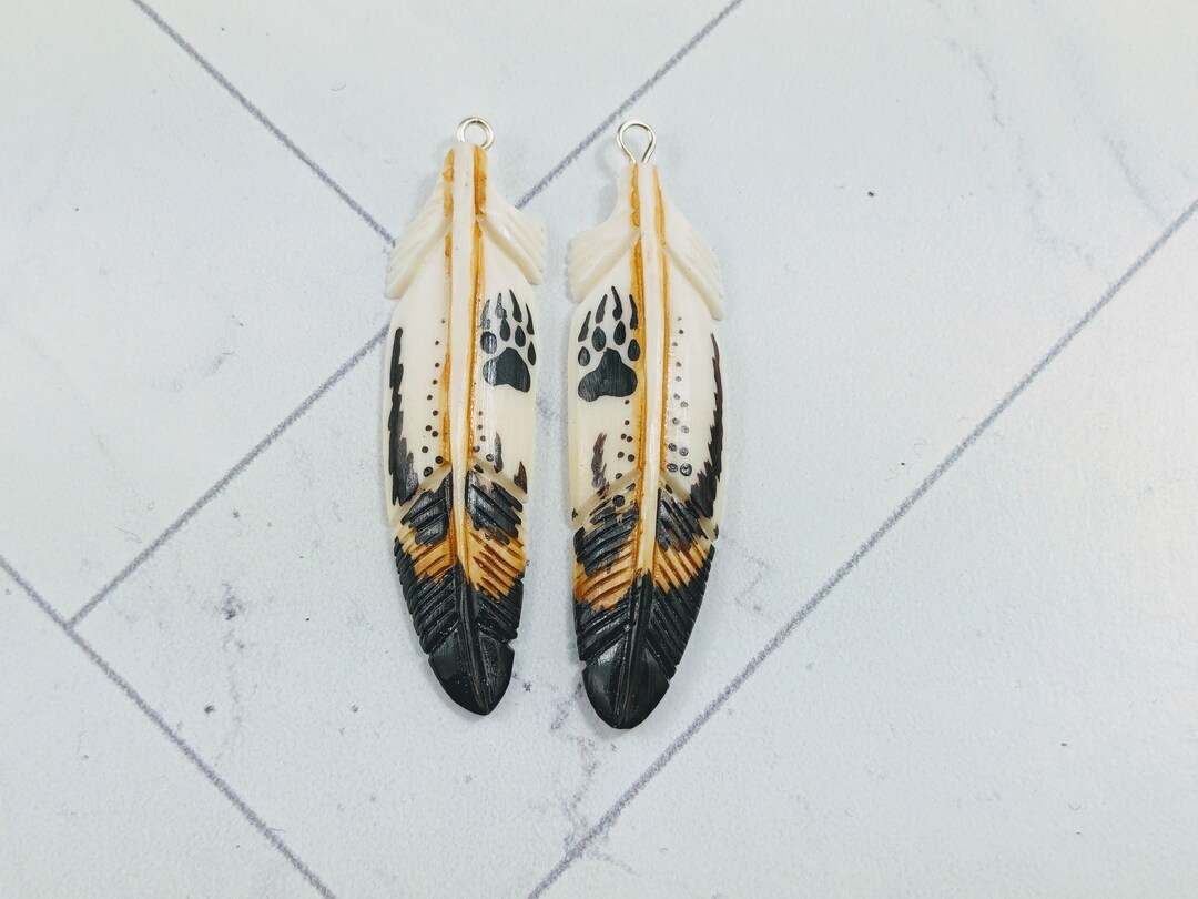 Hand Carved and Painted Water Buffalo Bone Feather Paw Print Pendants ...