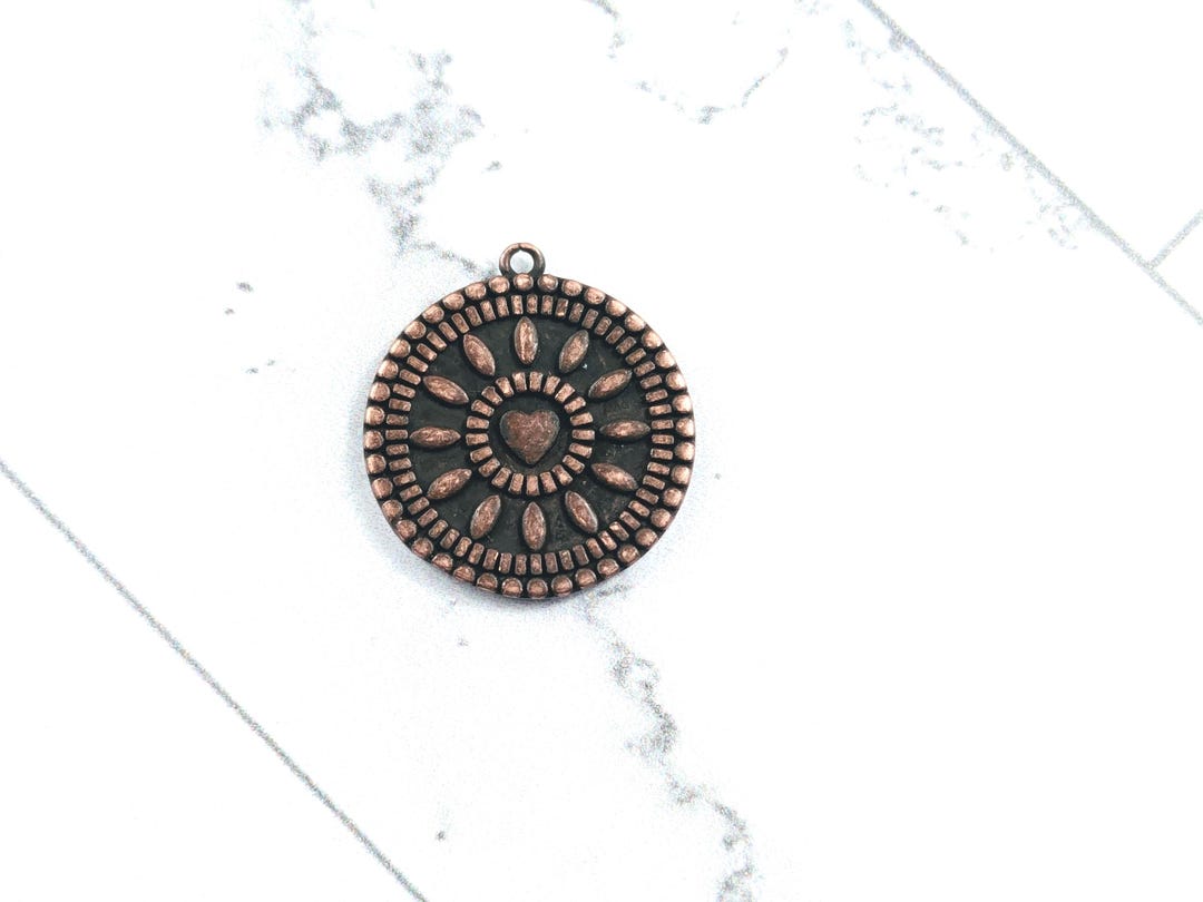 Antique Copper Ox Plated Double Sided Heart Sun Charm, Love, Textured ...