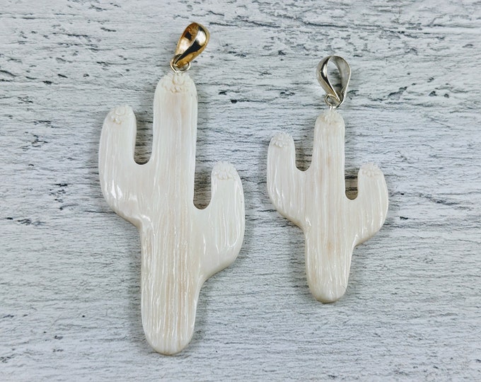 Hand Carved Water Buffalo Bone Textured Cactus With Flowers Pendant ...