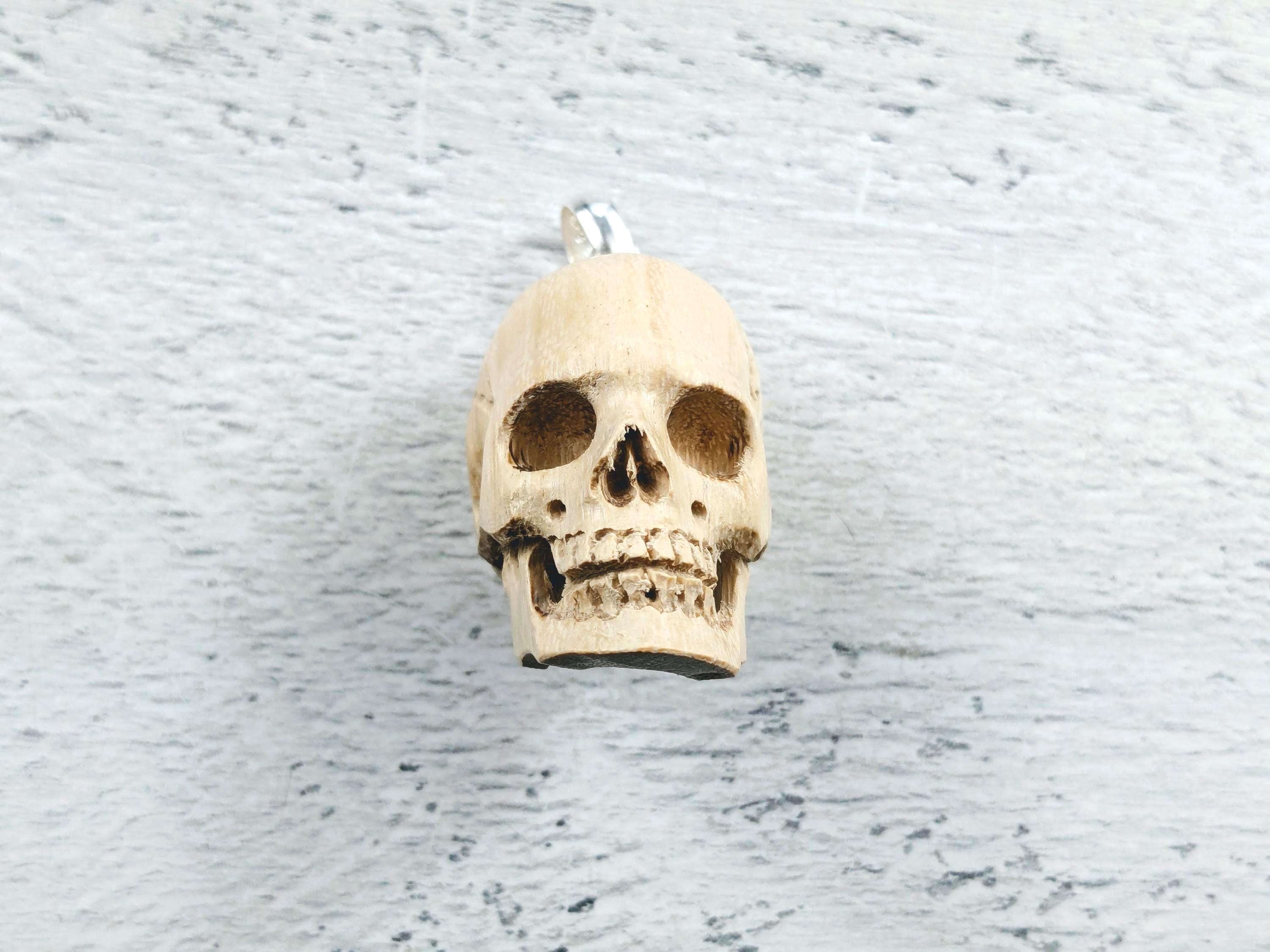 Hand Carved Aspen Wood Carved Skull Pendant, Ethnic, Approx. 26x30mm ...