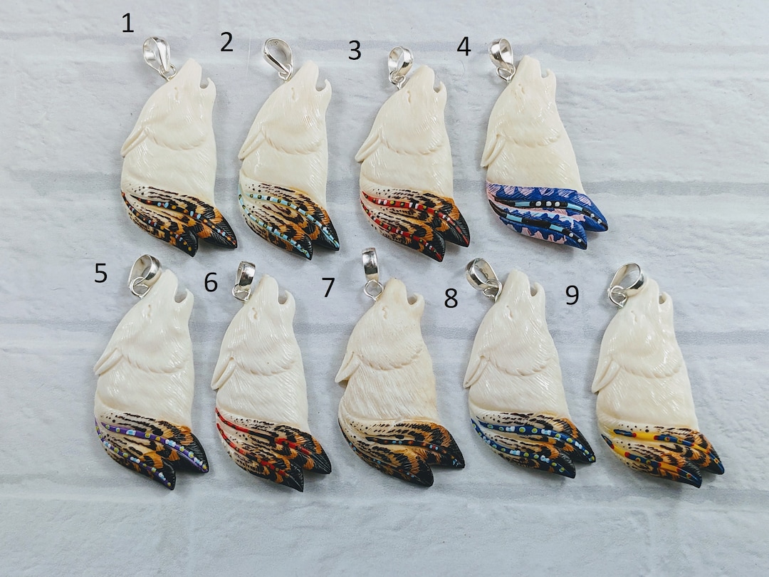 Hand Carved and Painted Buffalo Bone Howling Wolf Feather Pendant ...