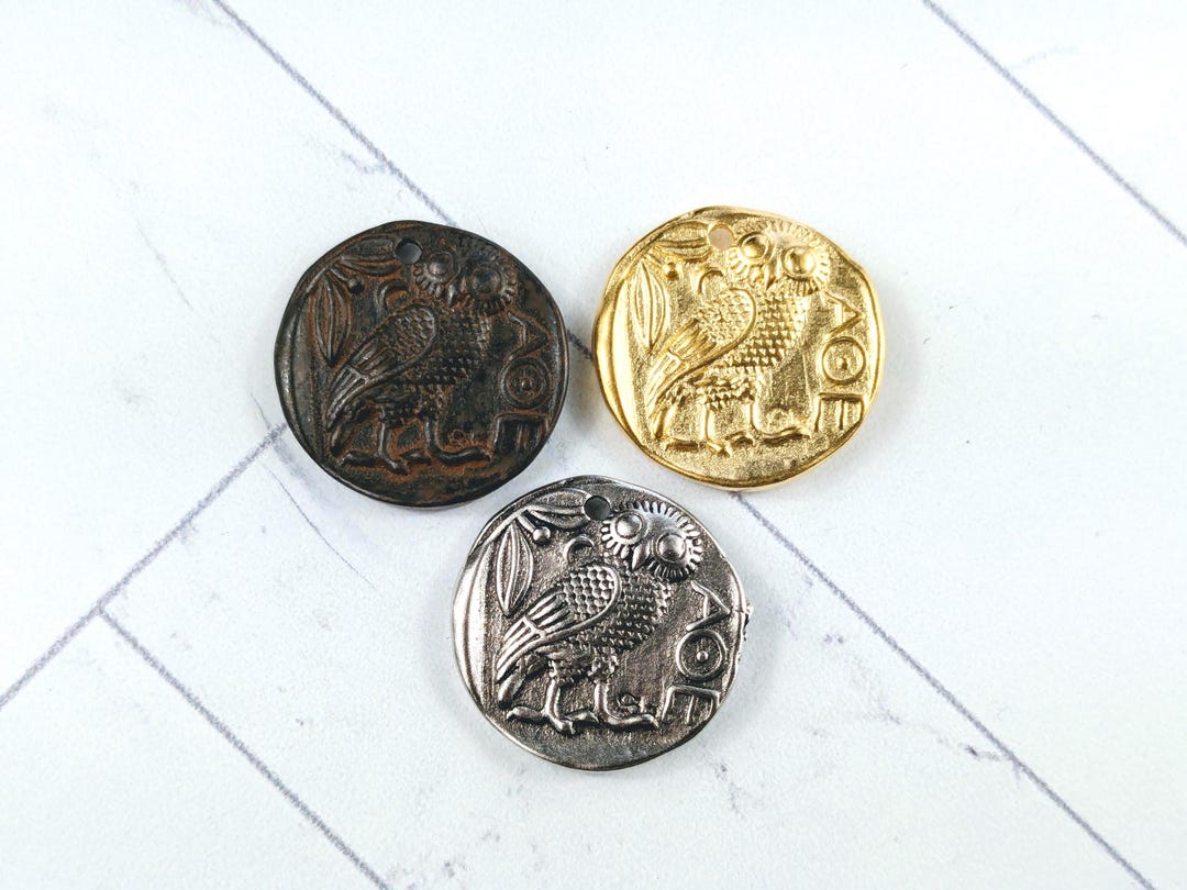 Matte Gold, Rustic Brown or Antique Silver Ox Greek Owl Athena Replica ...