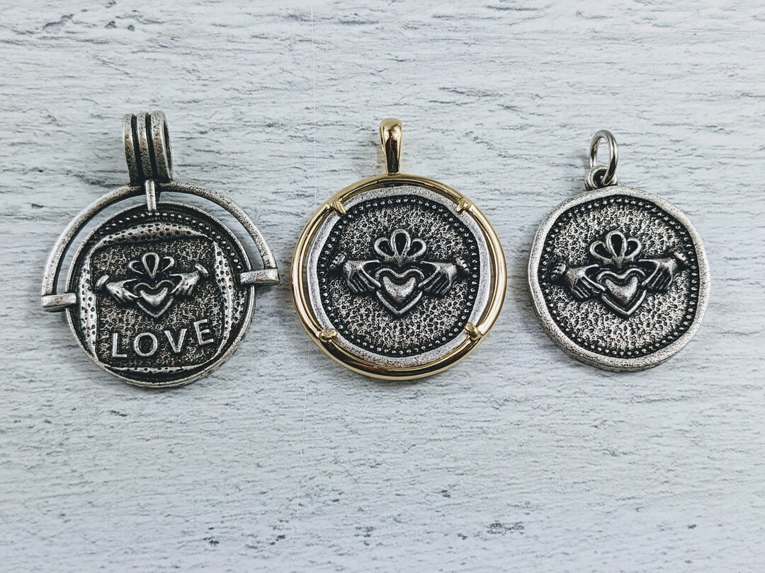 Antique Silver and Gold Plated Replica Coin Claddagh Heart Irish Pendant or Charm, 1pc. Bezel ...