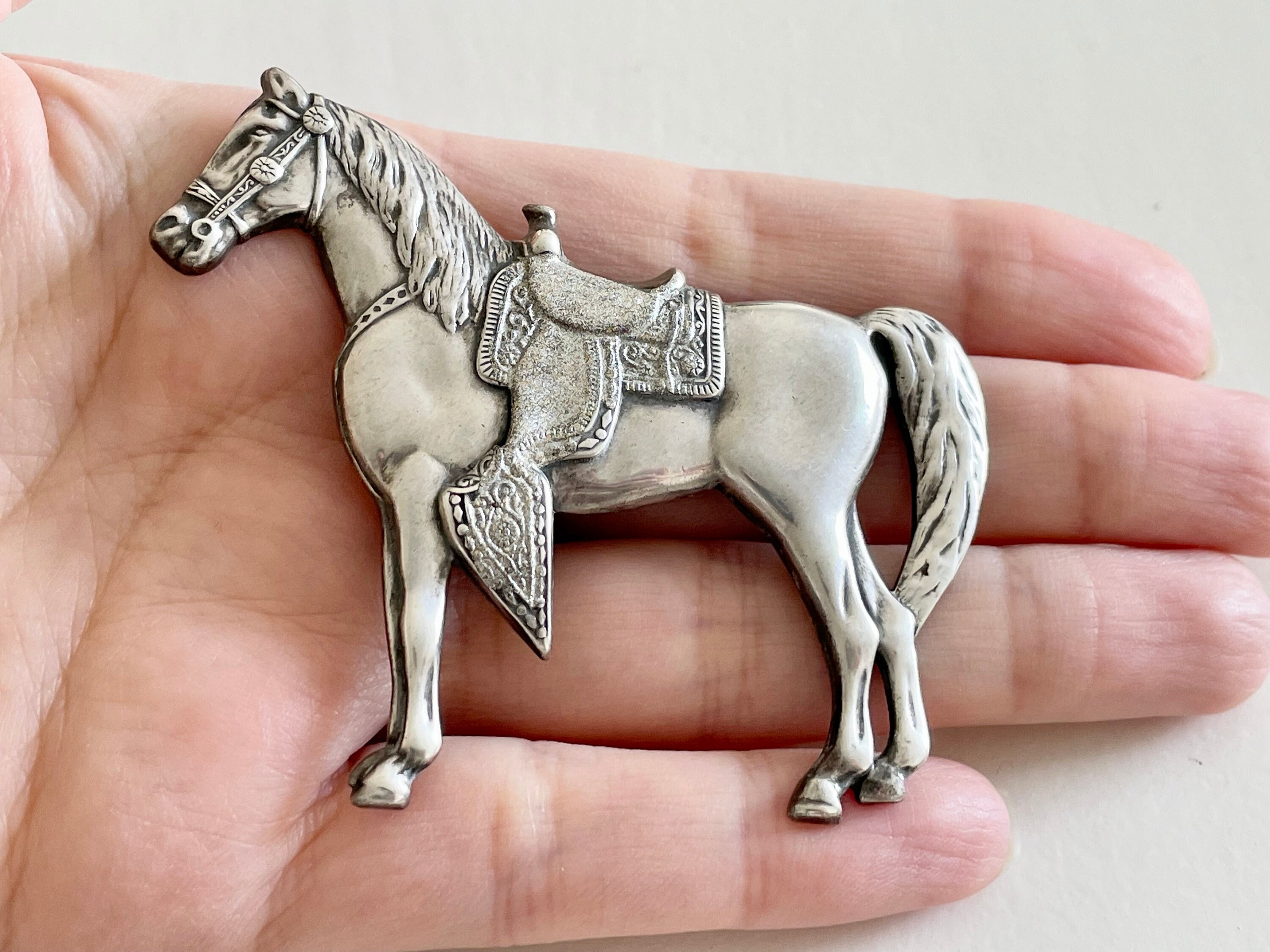 Silver Big Realistic Horse Pin Brooch Western Saddle Americana Vintage ...