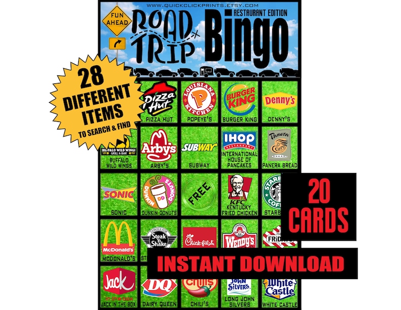 Restaurant Road Trip Bingo Game: 20 Printable Cards (instant Download ...