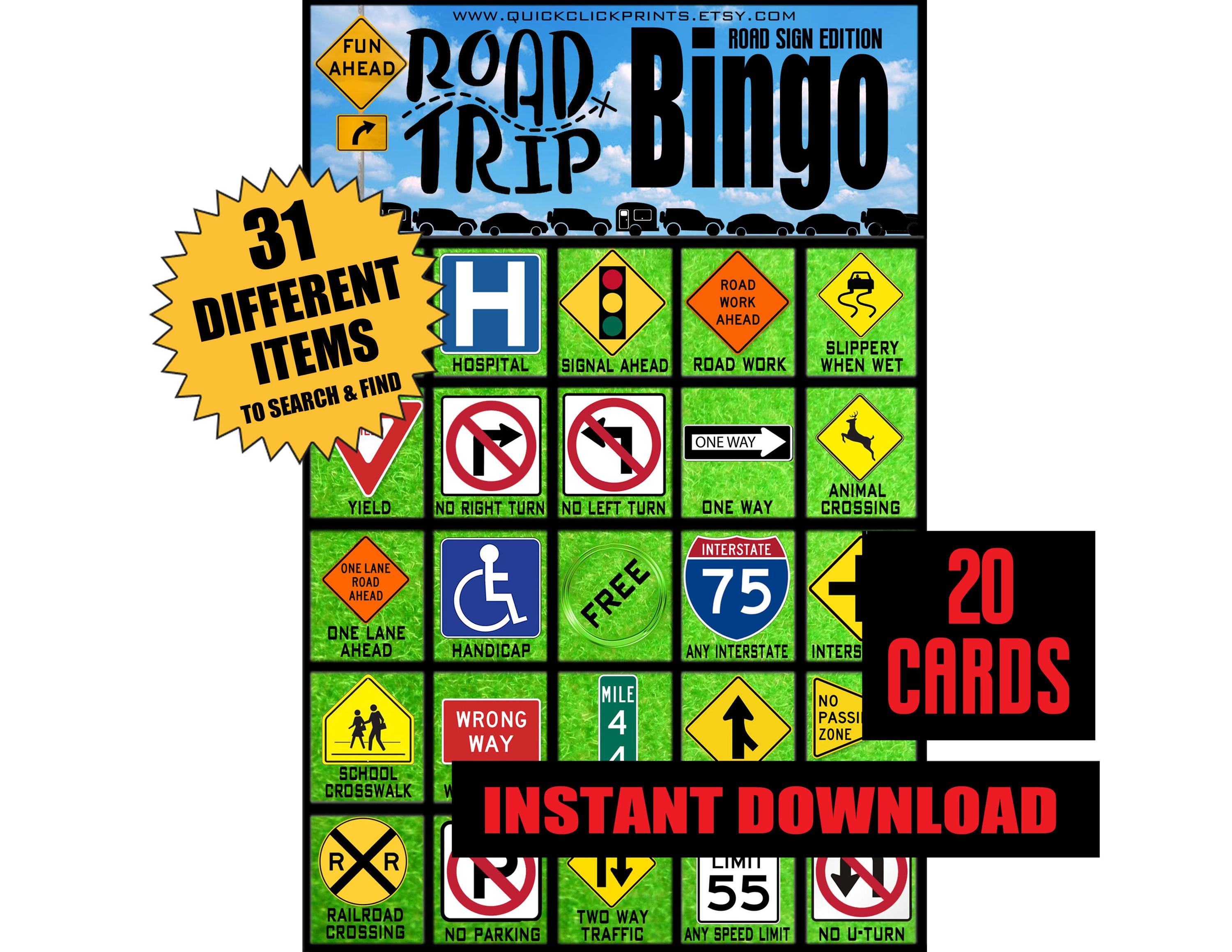 Road Sign Road Trip Bingo - 20 Cards- Travel Bingo -travel Game -car ...