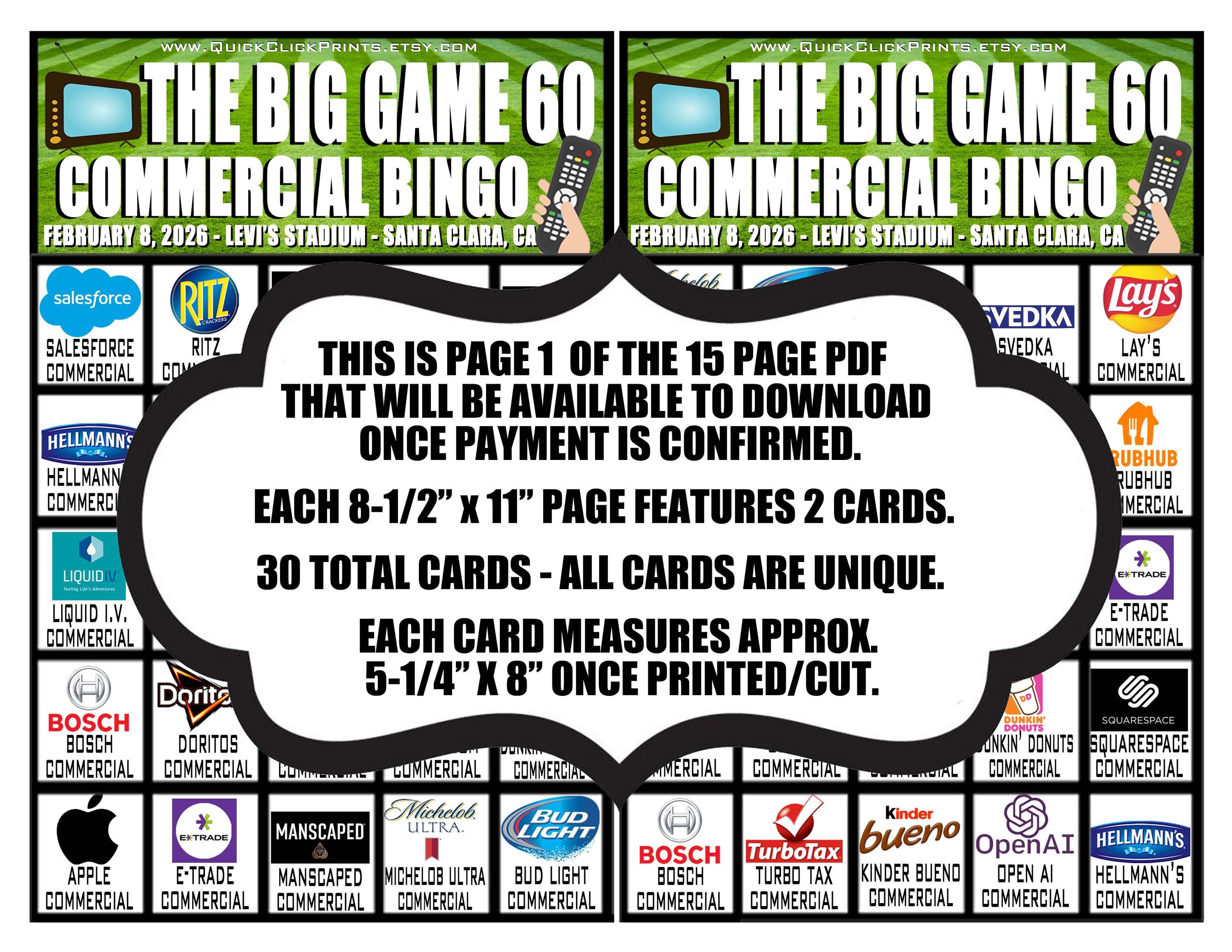 Super Big Game 60 Commercial Bingo - 30 Cards - Football Party ...