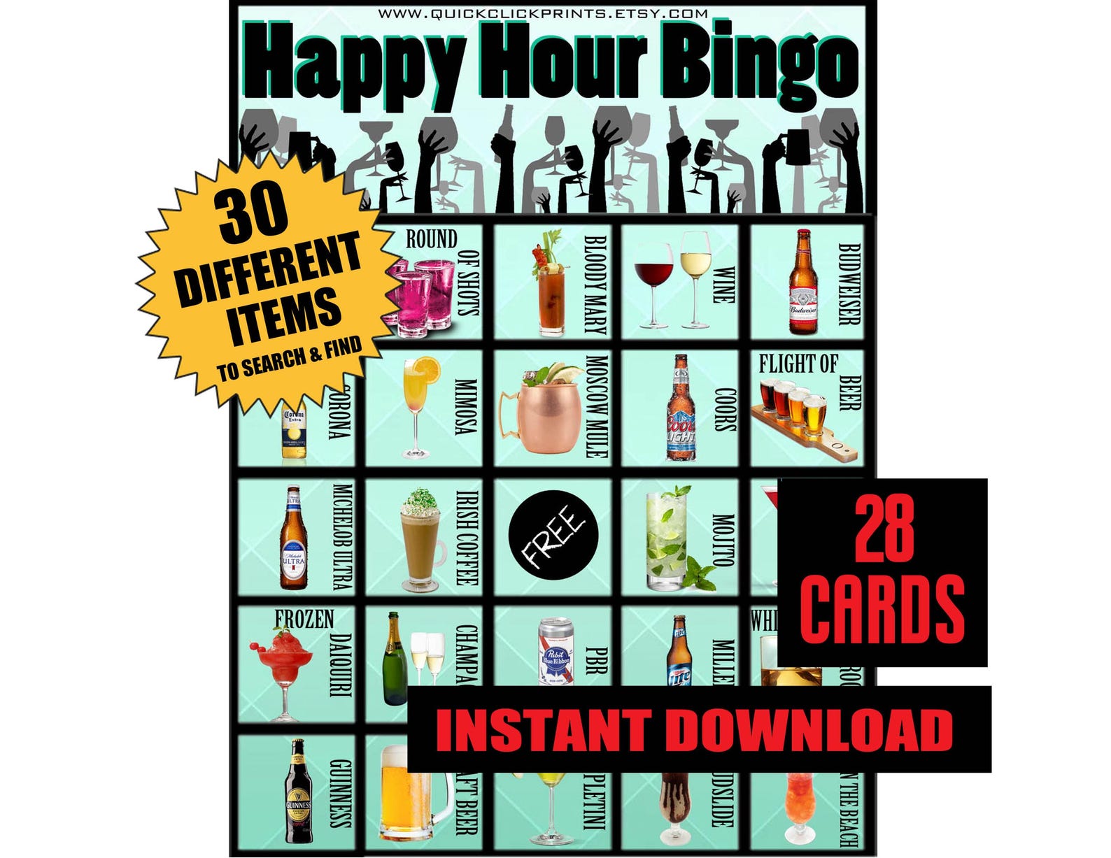 Happy Hour Bingo: People Watching Drinking Game (28 Cards) (printable ...
