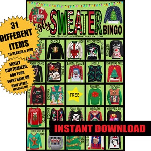 Ugly Sweater Bingo 30 Cards Christmas Party Game Christmas Drinking ...