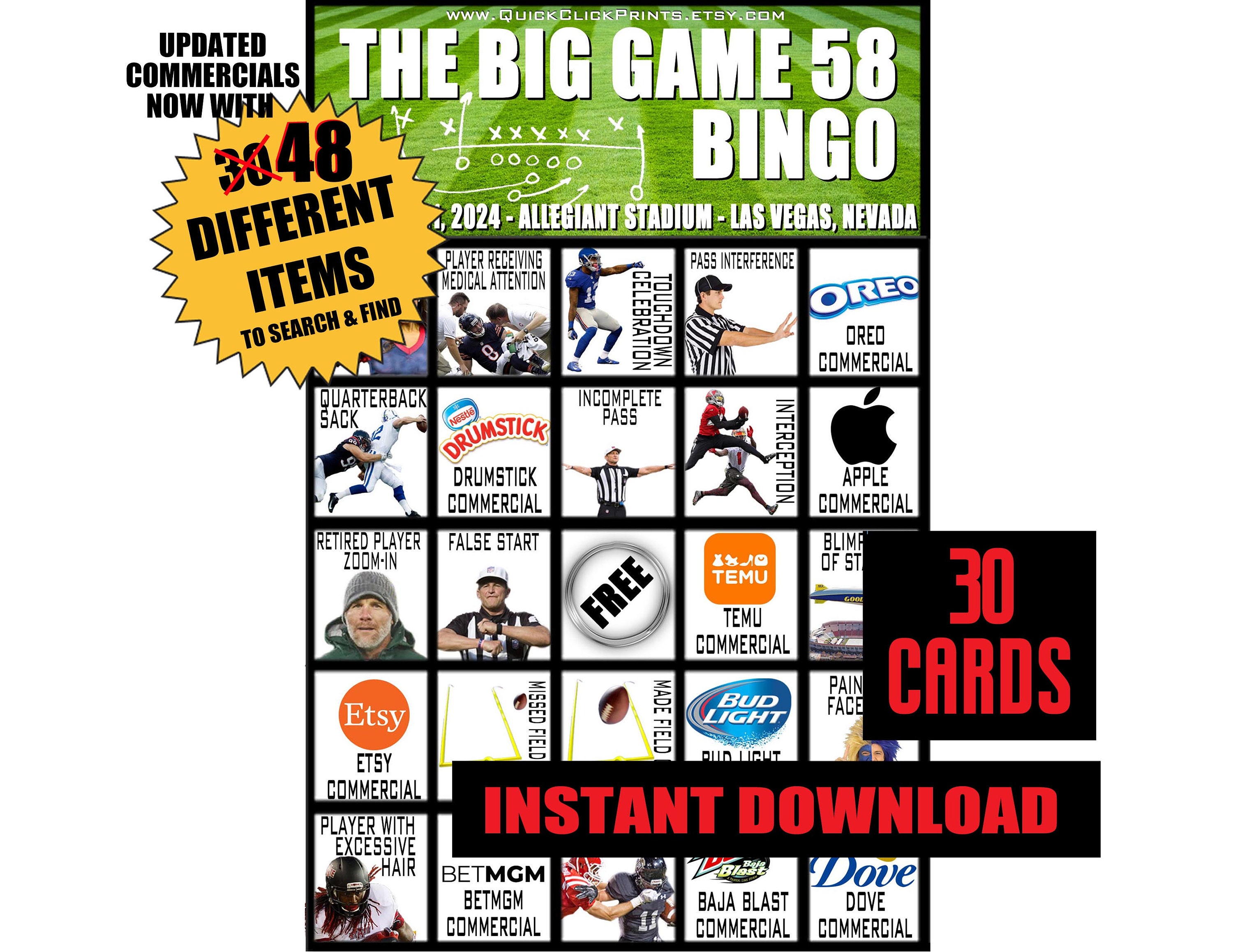 The Big Game Bingo 30 Cards Drinking/party Game Football Bingo ...