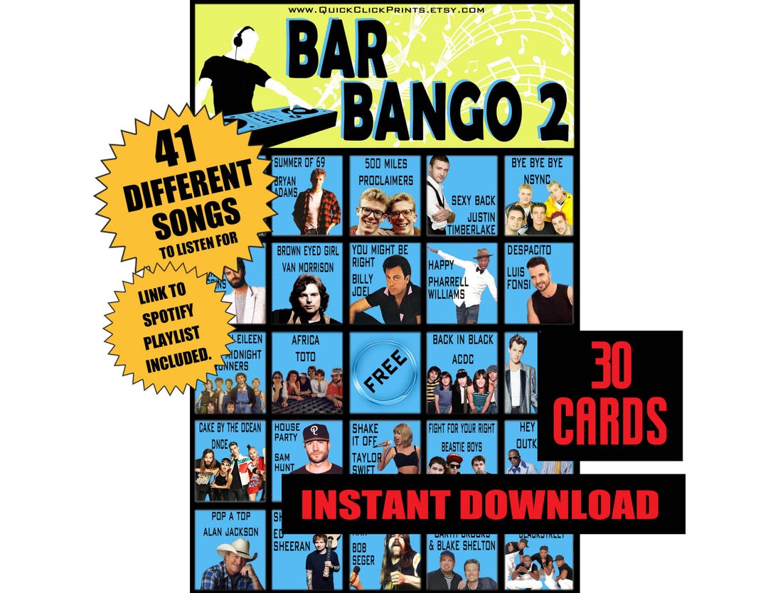 Bar Bango 2 - 30 Cards - Playlist Bingo- Music Bingo - Drinking Game ...