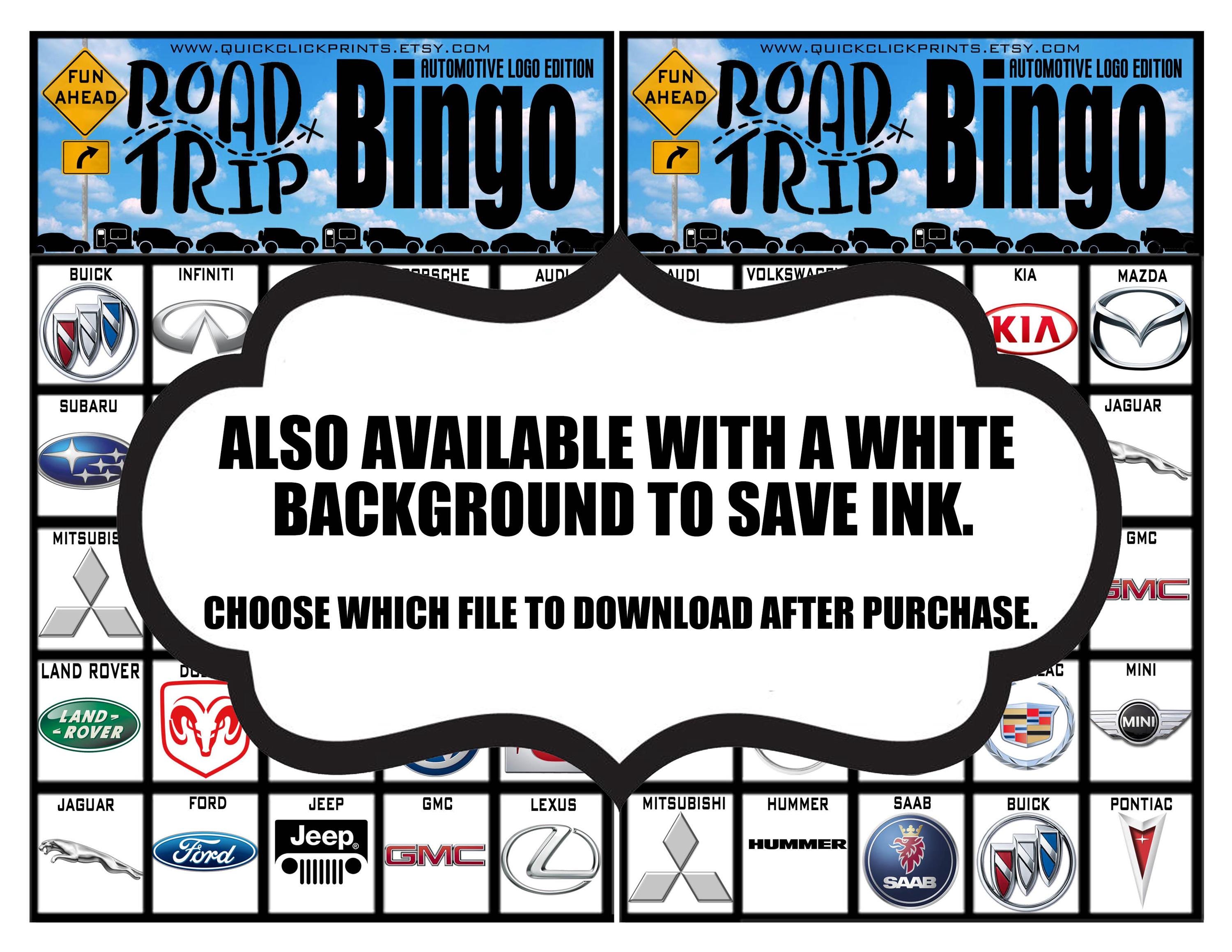 Automotive Logo Road Trip Bingo - 20 Cards- Travel Bingo -travel Game ...
