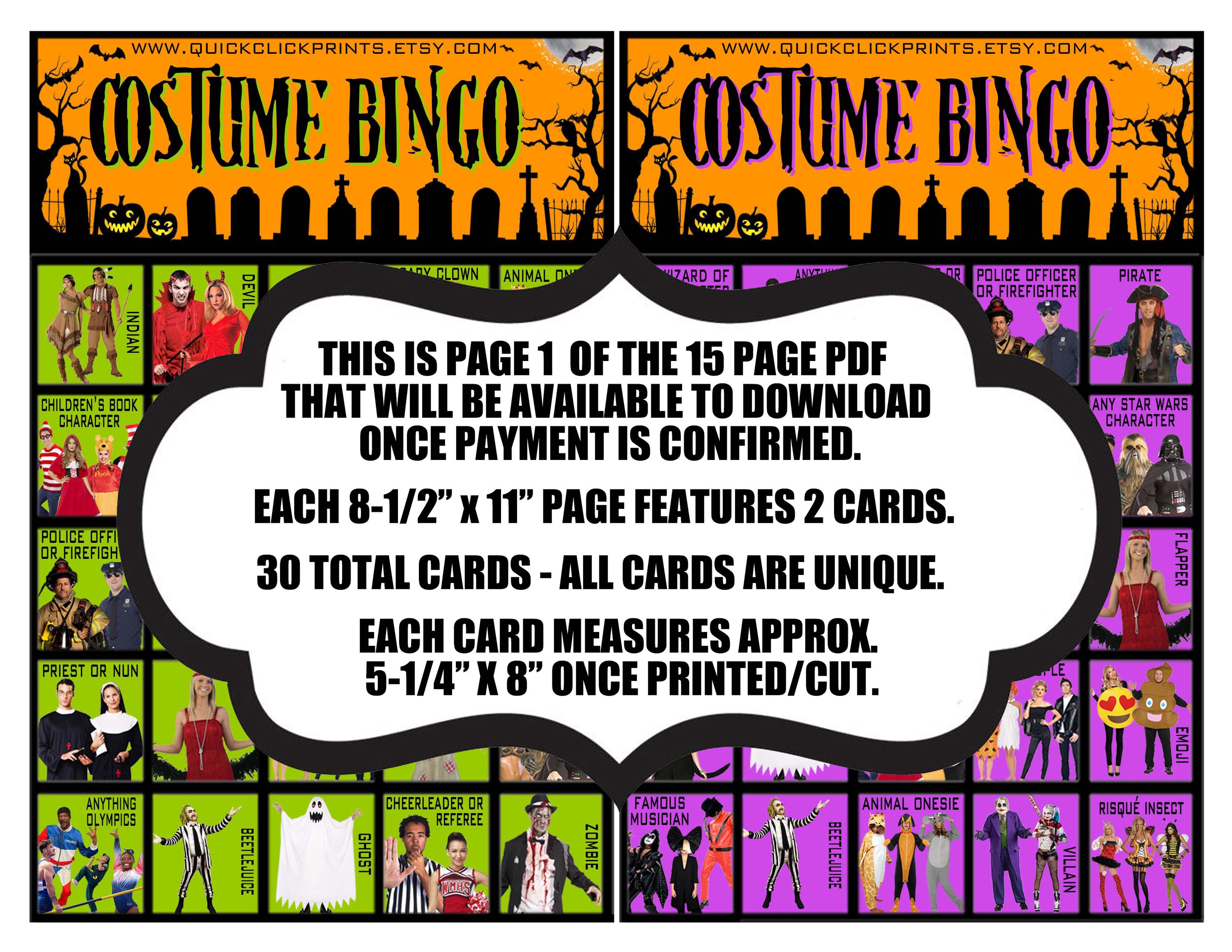 Costume Bingo - 30 Cards - Halloween Costume Party Games - Halloween ...