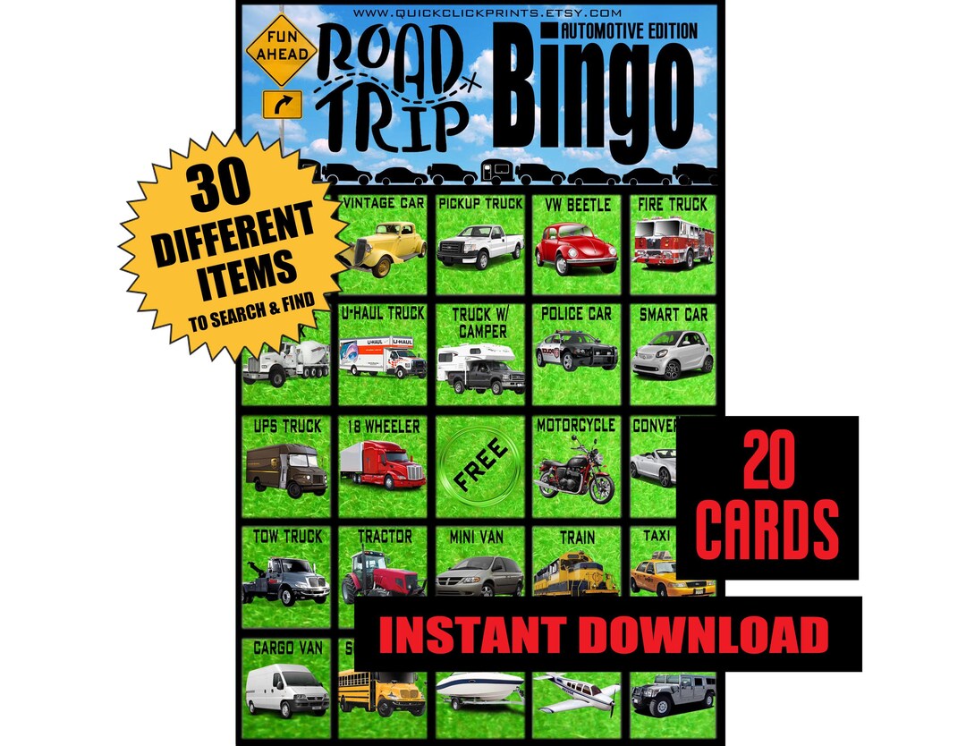 Automotive Road Trip Bingo: Car Travel Game (20 Cards) (printable ...