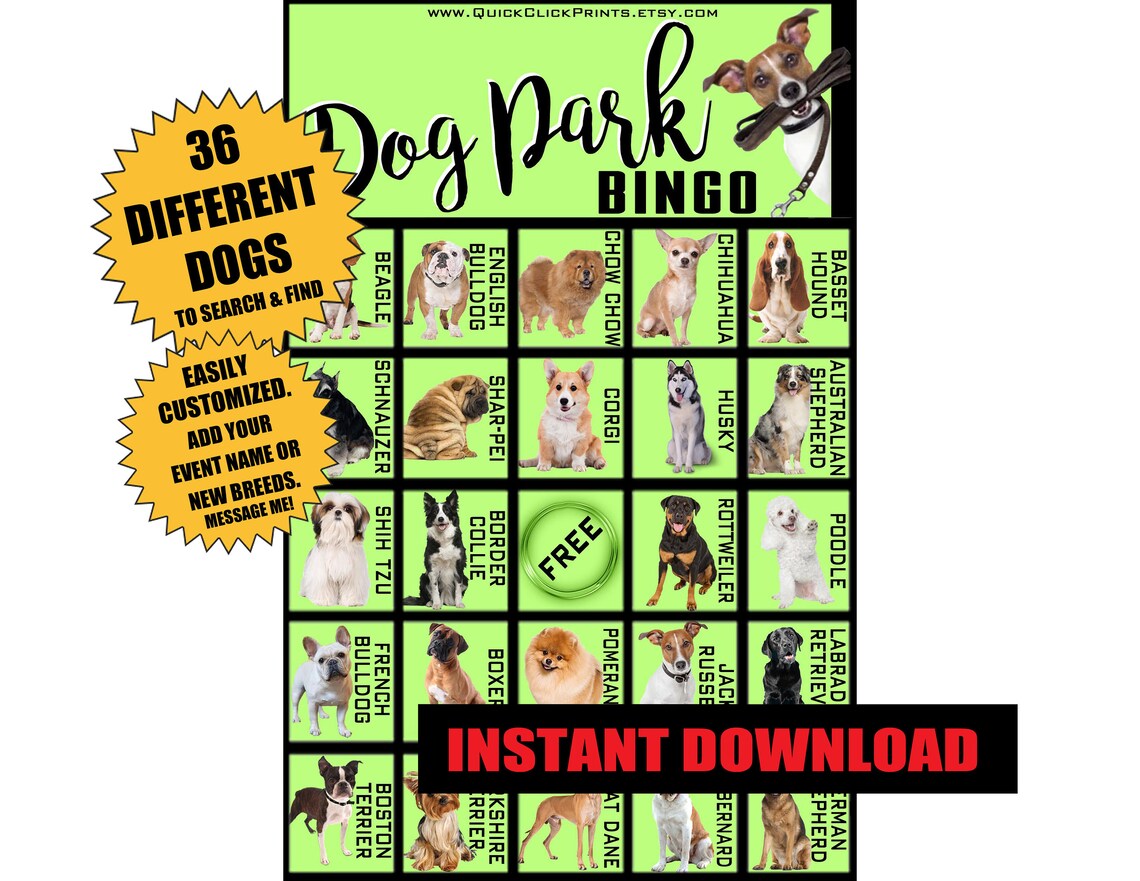 Dog Park Bingo 30 Cards Dog Bingo Dog Breed Watching Dog Show Bingo ...