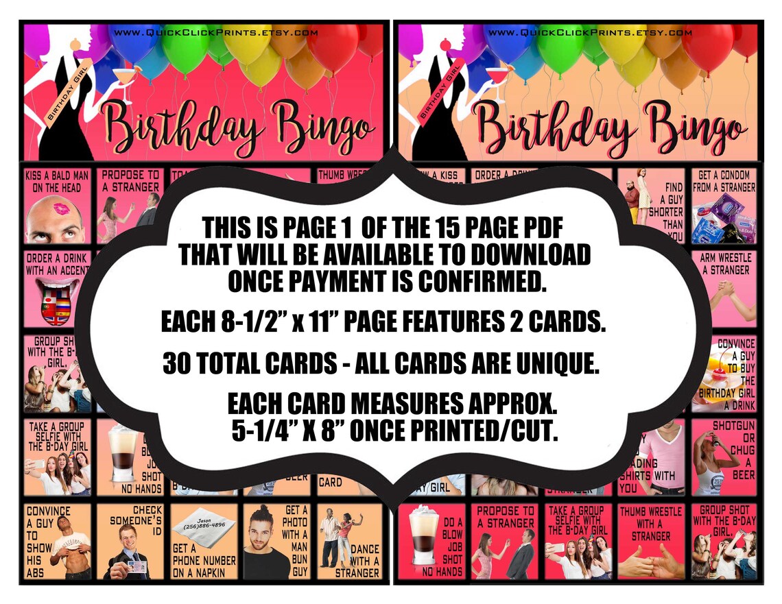 Birthday Bingo -30 Cards -birthday Dares - Birthday Party Games ...