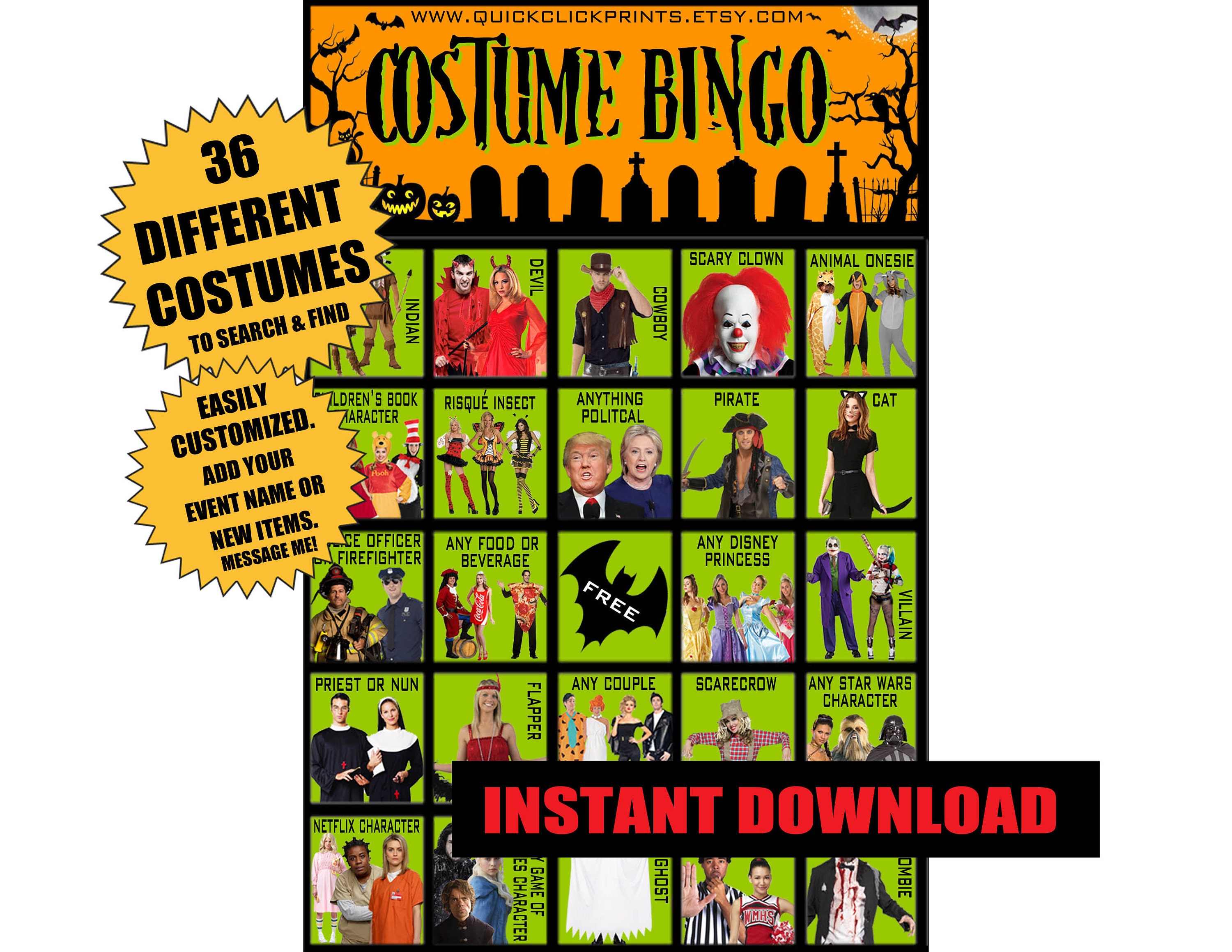 Costume Bingo 30 Cards Halloween Costume Party Games Halloween Drinking ...