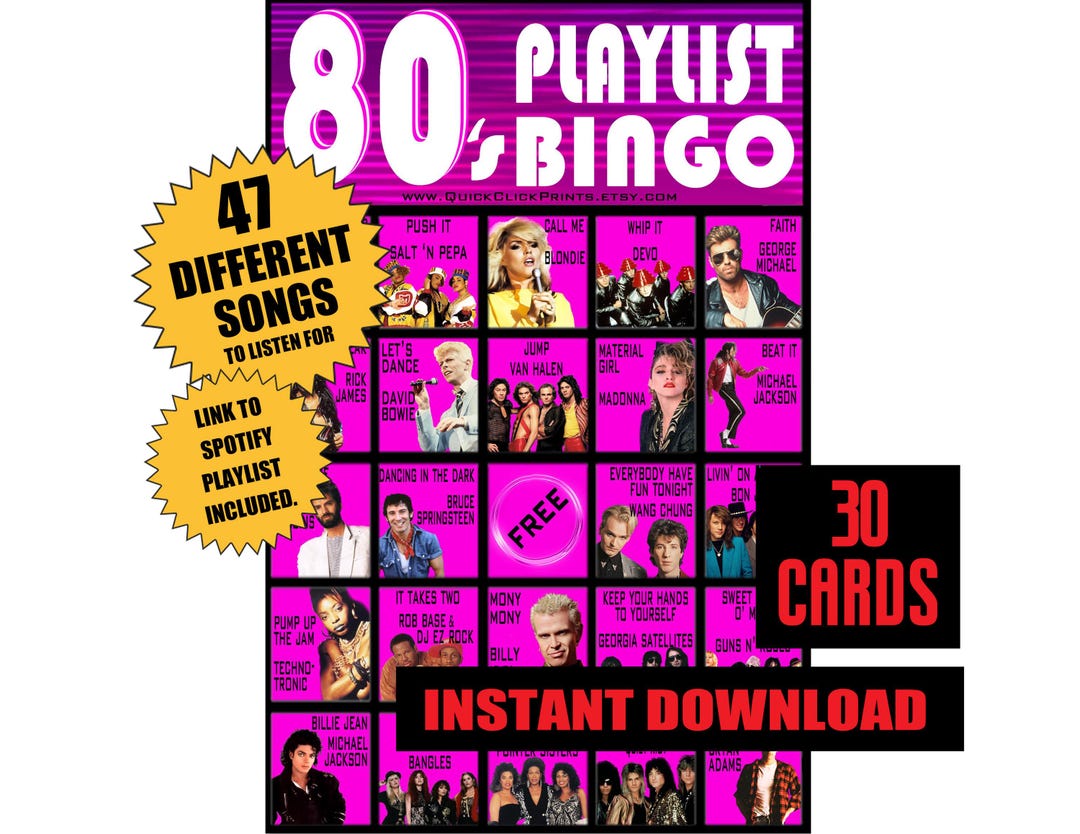 80s Music Bingo: 30 Printable Cards for Dance Party (digital Download ...