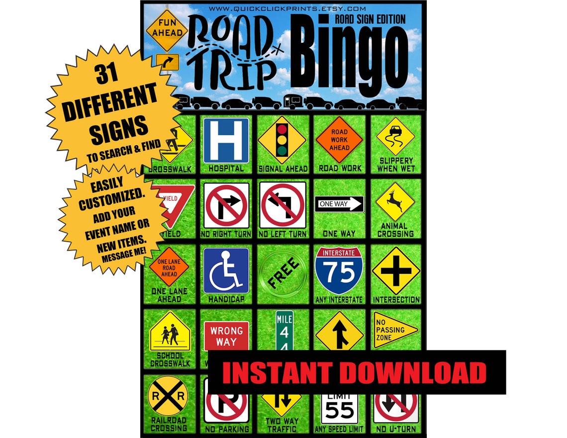 Road Sign Road Trip Bingo 20 Cards Travel Bingo travel Game car Games ...