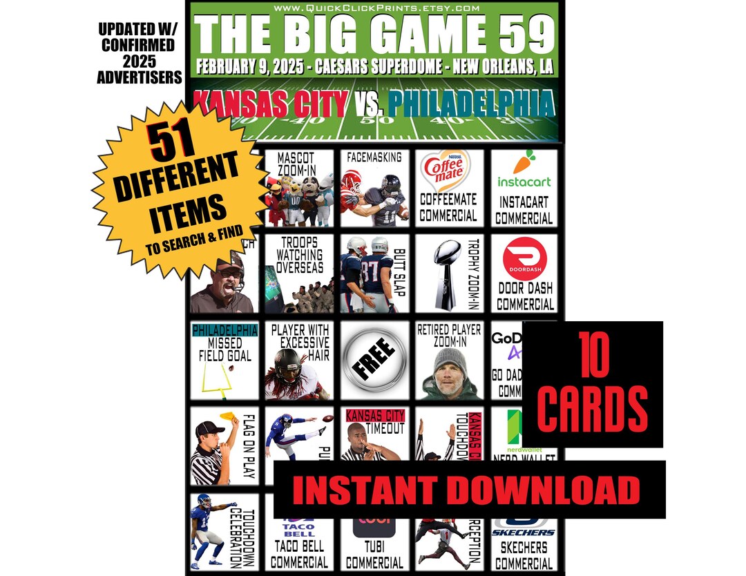 The Big Game Kansas City VS Philadelphia Bingo - 10 Cards - Drinking ...