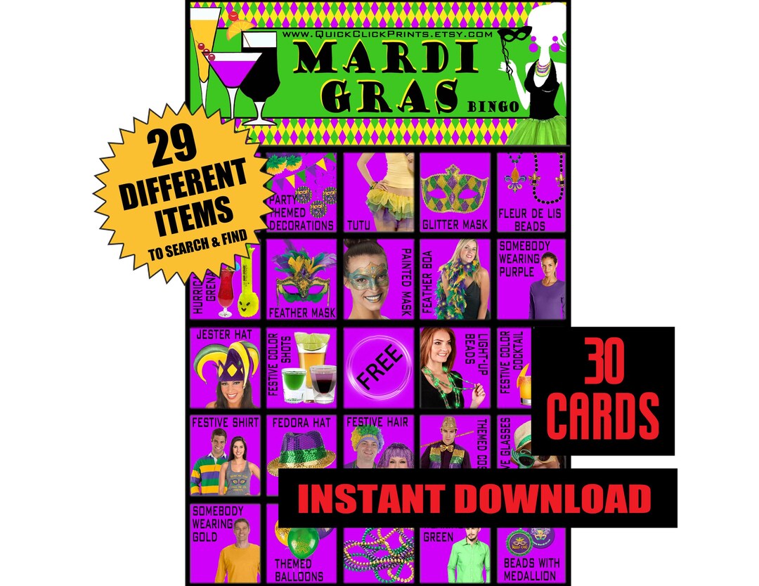 Mardi Gras Bingo Game - 30 Printable Cards (digital Download) - Etsy