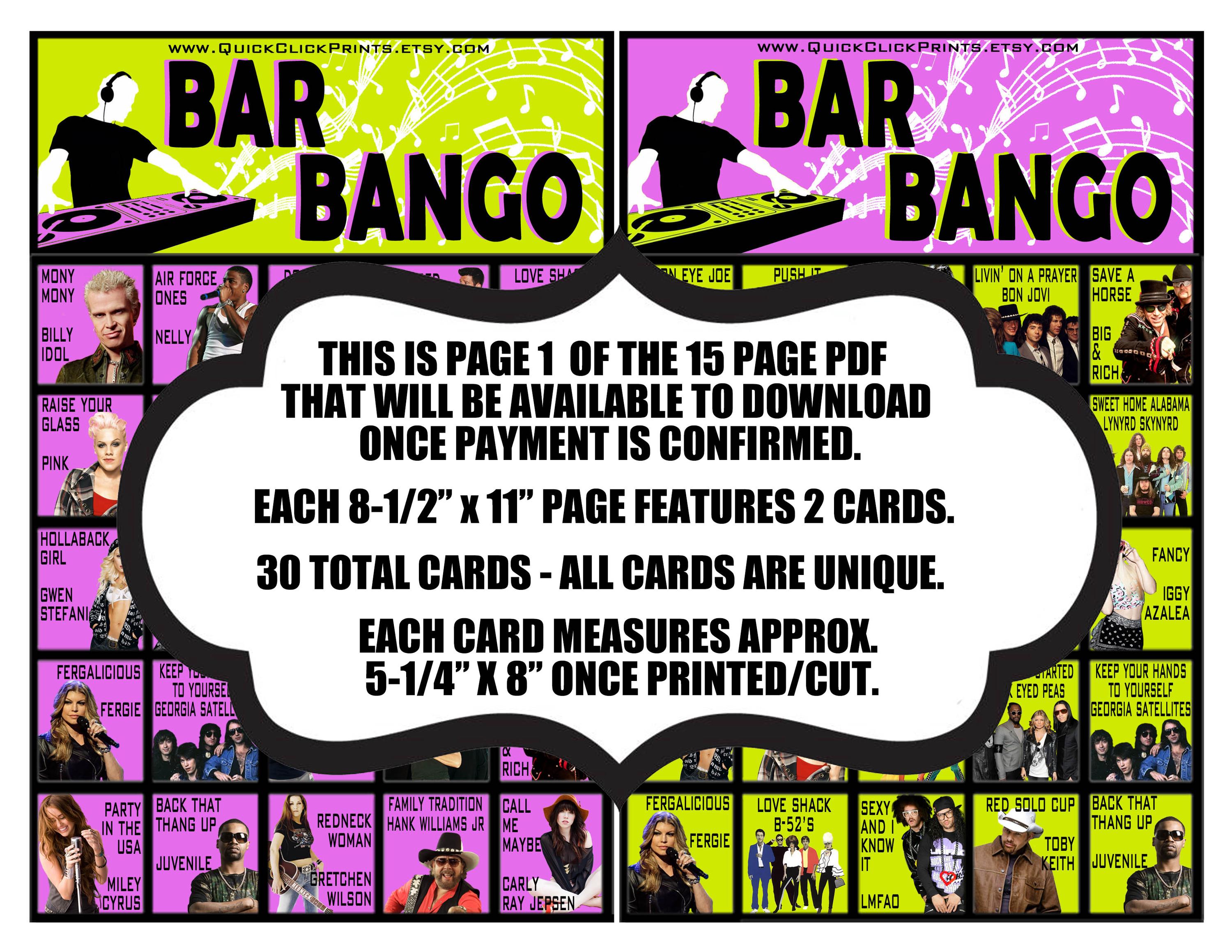 Bar Bango - 30 Cards - Playlist Bingo- Music Bingo - Drinking Game ...