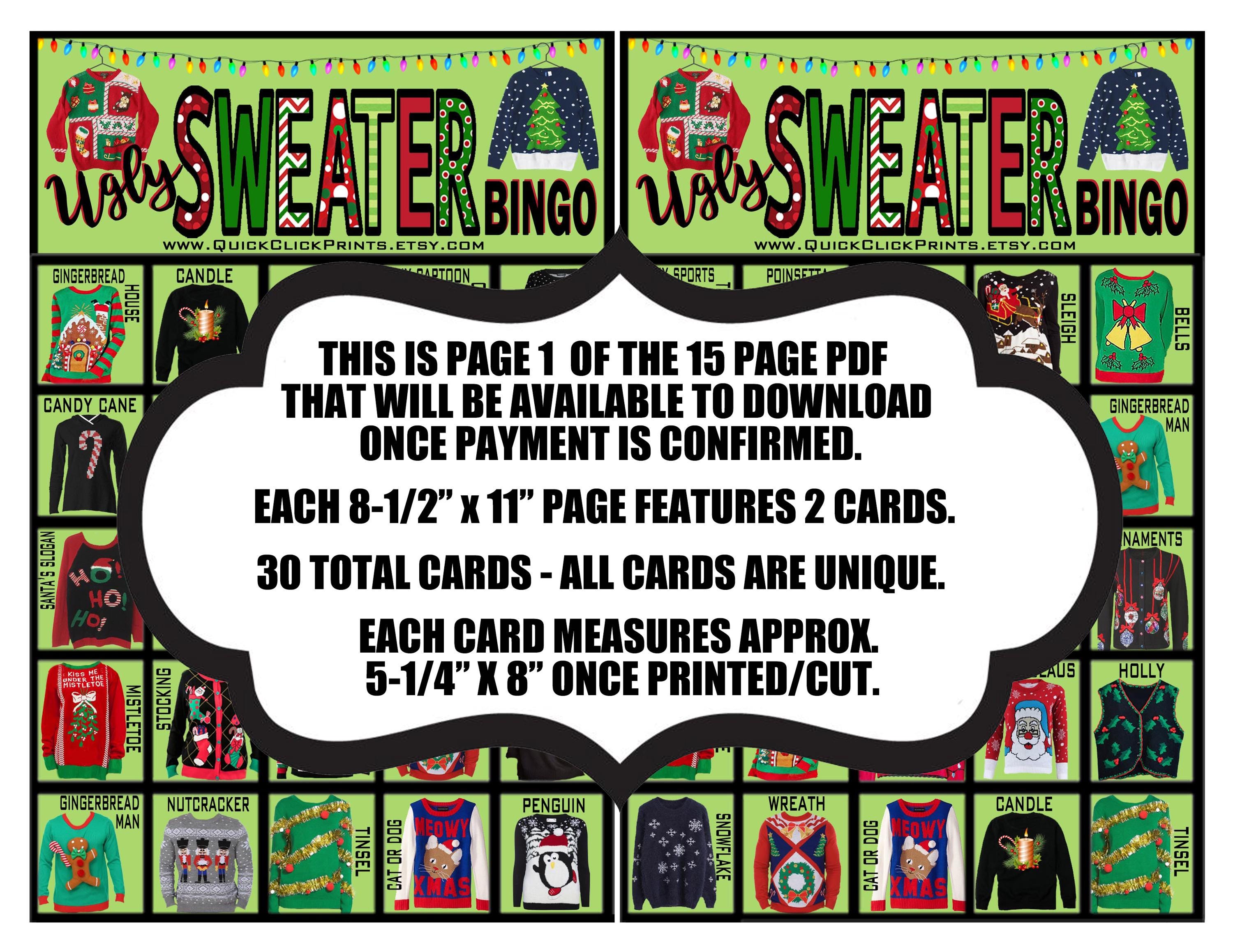 Ugly Sweater Bingo - 30 Cards - Christmas Party Game - Christmas ...