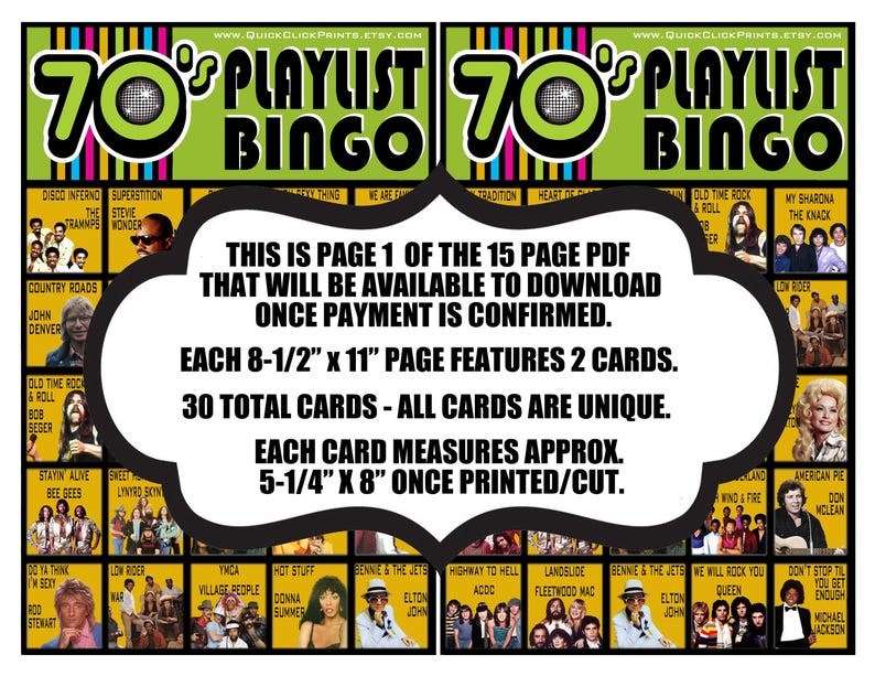 70s Music Bingo: 30 Printable Cards, Dance Party Game (instant Download ...